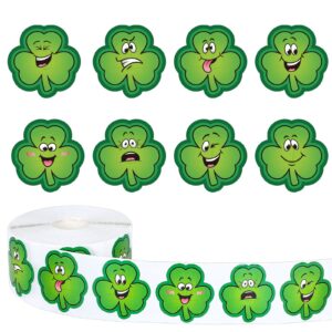 whaline 1000pcs st. patrick's day stickers green shamrock shape stickers in roll 1.5inch clover with assorted expressions label self-adhesive stickers for irish party seals cards envelopes, 8 design