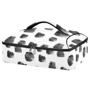 seamless black ink spots hand drawn black spots stains on white reusable insulated pizza bag, waterproof food delivery bag, with handle lid leakproof pizza holder tote for hot or cold food