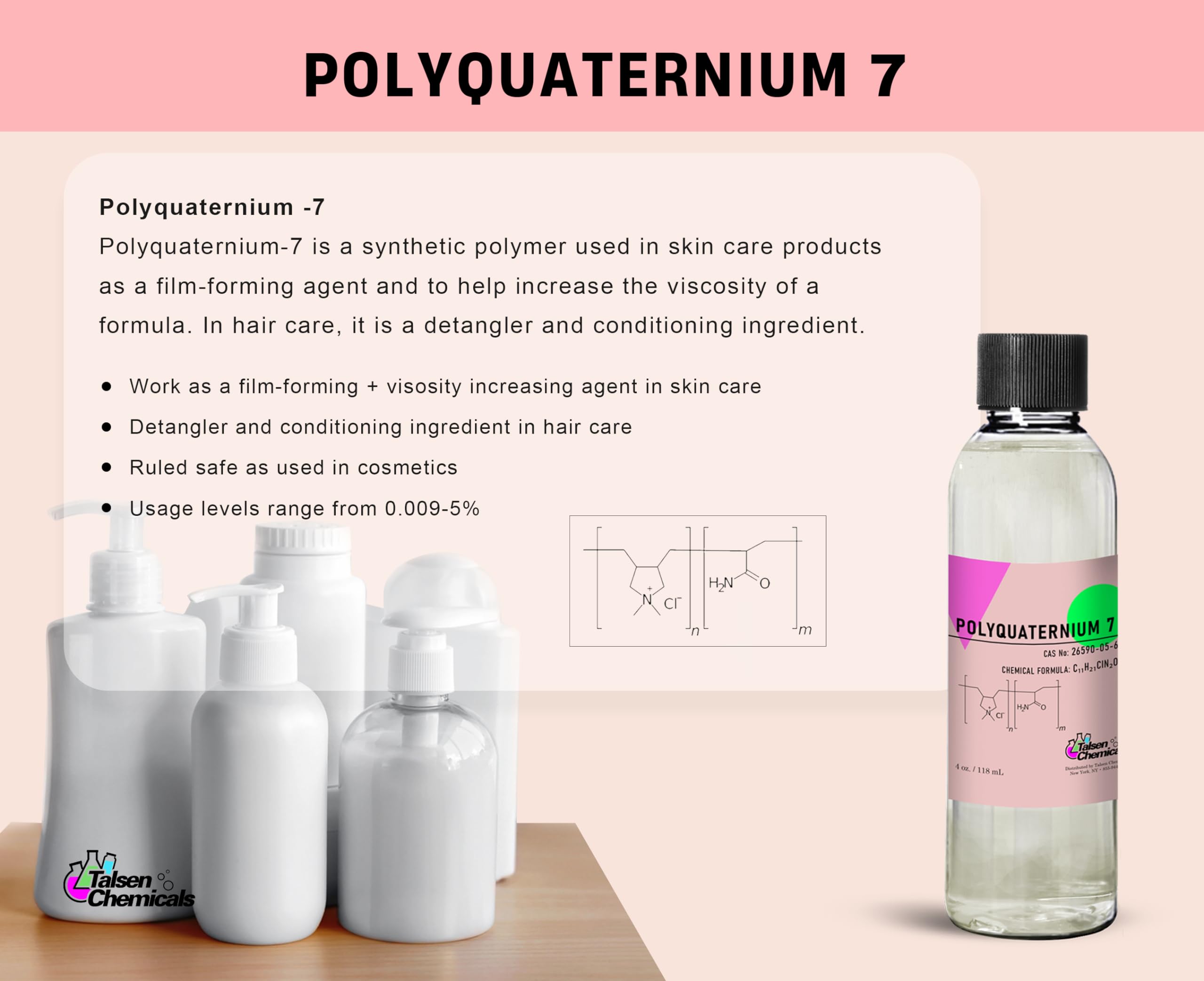 Talsen Chemicals Polyquaternium-7 Conditioning Polymer for Cosmetic Formulations Excellent Scalp Conditioner, Smooth, Frizz-Free Hair with Enhanced Moisture Retention (4 Ounce / 118 mL)