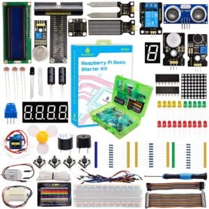 keyestudio basic starter kit for raspberry pi 4 3 3b/2b/b+, with tutorials c+ python java code, breadboard solderless electronic lcd water level gas sensor programming