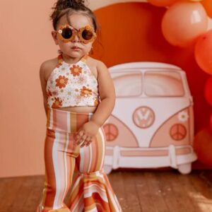 BOIBOKOKO Kid Baby Girl Summer Clothes Spaghetti Straps Floral Tank Top Rainbow Flared Pants Bell Bottom Outfit (Colorful, 6-12 Months)