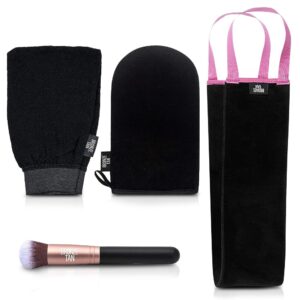 bronze tan self tanner accessory kit - includes self tanning mitt, tan remover exfoliating mitt, easy-reach back applicator, tanning brush applicator for face & hands - sunless tanning application