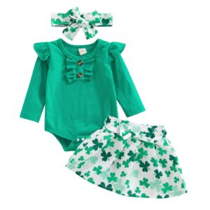 st patrick's day baby girl clothes short sleeve romper tops and high waisted shorts clover sweatshirts pullover pants toddler baby outfit (skirt green, 6-12 months)