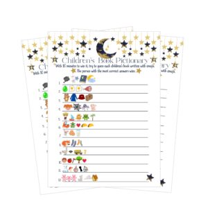 twinkle little star baby shower game cards, 25 guest pack, guess the pictogram childrens storybook activity cards, celestial favors, ideas, planning, fun guessing activities play for prizes