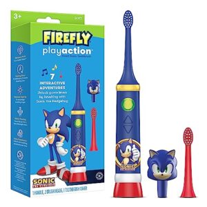 firefly play action sonic the hedgehog toothbrush kit, interactive battery operated toothbrush with lights, music and games, batteries included, ages 3+