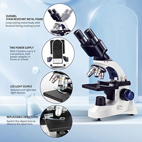 Binocular Microscope Adults 40X-1000X led Illumination Professional Compound Microscope for Kids Students Electric Eyepiece, Slides，Mobile Phone Holder…