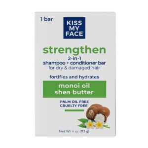 kiss my face strengthen 2-in-1 shampoo + conditioner bar - palm oil-free, all hair & skin types, cruelty-free shampoo and conditioner bar for dry & damaged hair with monoi oil and shea butter