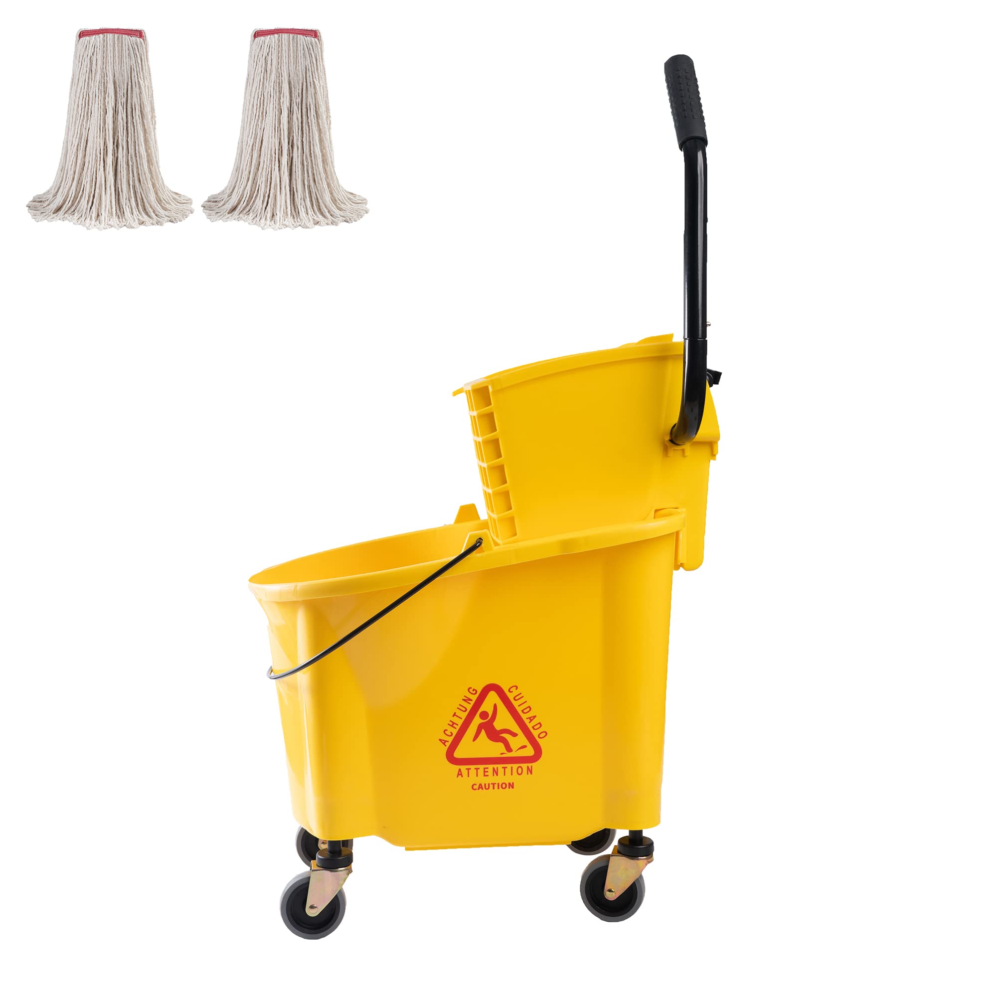 Matthew Cleaning Commercial Mop Bucket INCL.2 Pack Mop Head with Side Press Wringer On Wheels,Heavy Duty Tandem Portable Floor Cleaning Wavebrake,Ideal for Household,Industrial,Restaurant,38 Quart