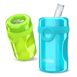 smilo sippy cup 2 pack for toddlers (1+ years) with spill proof & fold-away silicone spout - 8.5 oz capacity - bpa-free toddler cups made in the usa - aqua & green