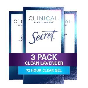 secret clinical strength antiperspirant and deodorant for women, 3x stress sweat protection, ph balancing minerals, clear gel, clean lavender scent, 1.6 oz (pack of 3)