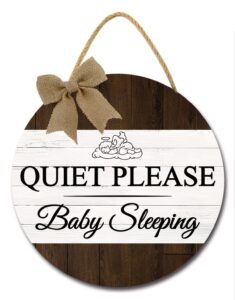 sokomurg quiet please baby sleeping sign for front door baby room door please don't ring door bell hanging sign round rustic wooden door plaque for nursery kindergarten bedroom door knob door decor