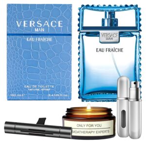 eau fraiche cologne for men 3.4 oz.edt spray - gift set pack with lavender soy candle, car air fresheners, and empty travel perfume atomizer