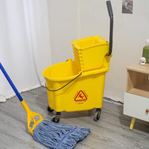 Matthew Cleaning Commercial Mop Bucket INCL.2 Pack Mop Head with Side Press Wringer On Wheels,Heavy Duty Tandem Portable Floor Cleaning Wavebrake,Ideal for Household,Industrial,Restaurant,38 Quart