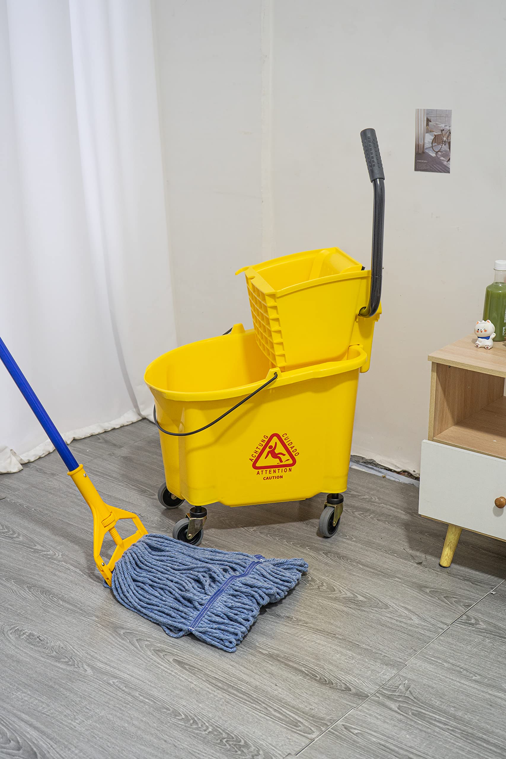 Matthew Cleaning Commercial Mop Bucket INCL.2 Pack Mop Head with Side Press Wringer On Wheels,Heavy Duty Tandem Portable Floor Cleaning Wavebrake,Ideal for Household,Industrial,Restaurant,38 Quart