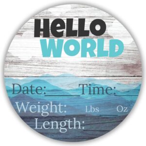 hello world newborn baby announcement sign shower gift baby birth stats hospital photo props gender reveal girl boy neutral nursery wall decor gifts baby book keepsake (mountains)