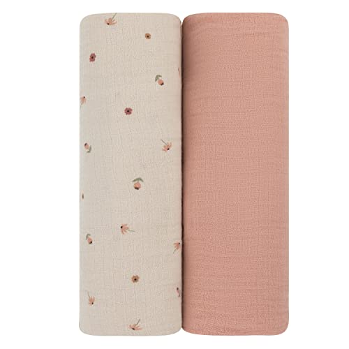 Ely's & Co. Muslin Swaddle Blanket 2-Pack — 100% Cotton Muslin Extra-Large Swaddle Blankets (47” x 47”) Solid + Printed (Pink Garden Flower)