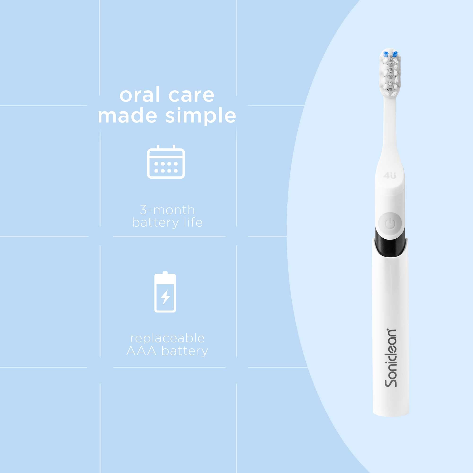 Soniclean 4U Sonic Electric Toothbrush for Adults, Black, Battery Powered, Dual Cleaning Modes, Refillable Brush Heads, Multi-Use Travel Cover