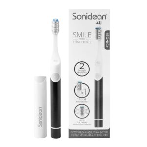 soniclean 4u sonic electric toothbrush for adults, black, battery powered, dual cleaning modes, refillable brush heads, multi-use travel cover