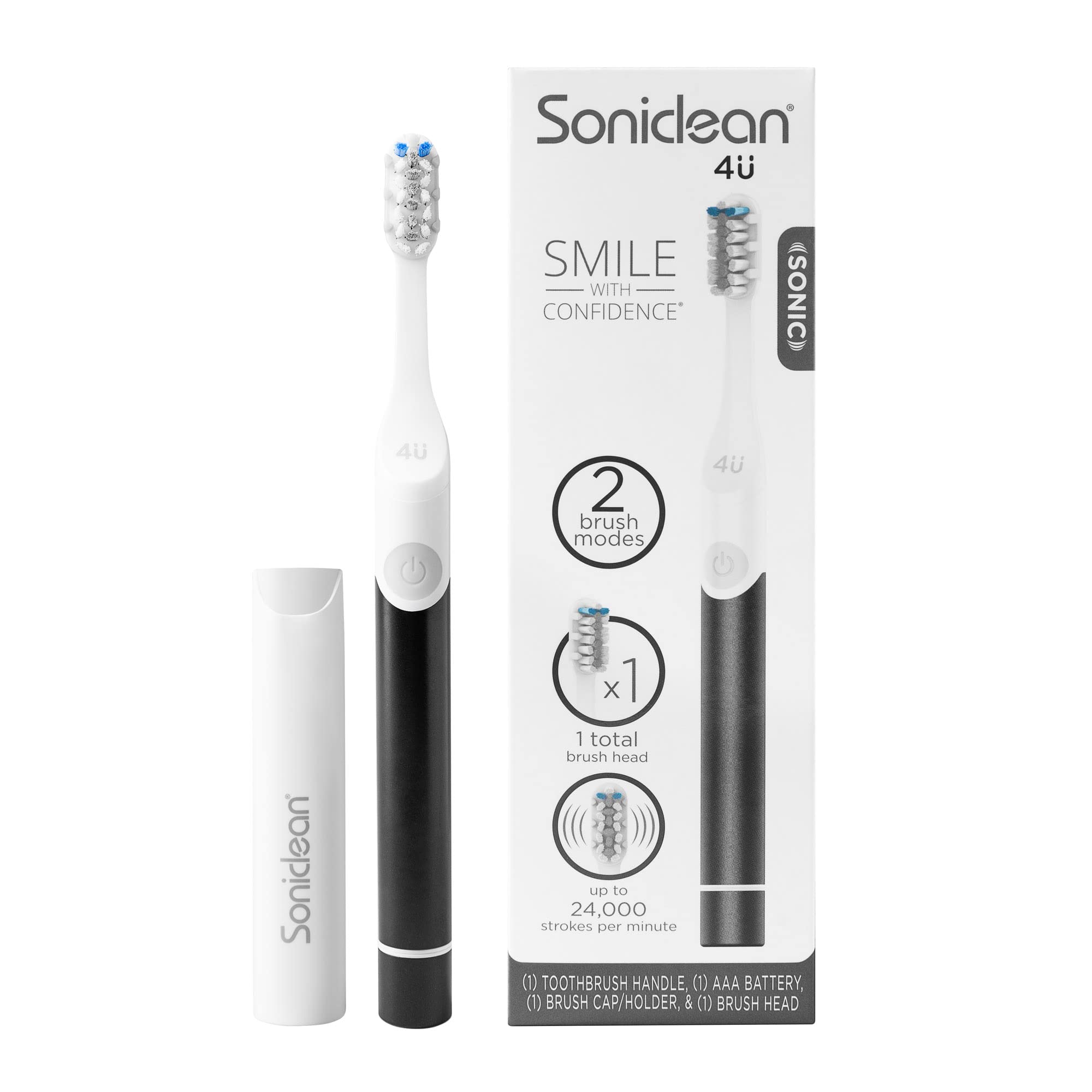 Soniclean 4U Sonic Electric Toothbrush for Adults, Black, Battery Powered, Dual Cleaning Modes, Refillable Brush Heads, Multi-Use Travel Cover