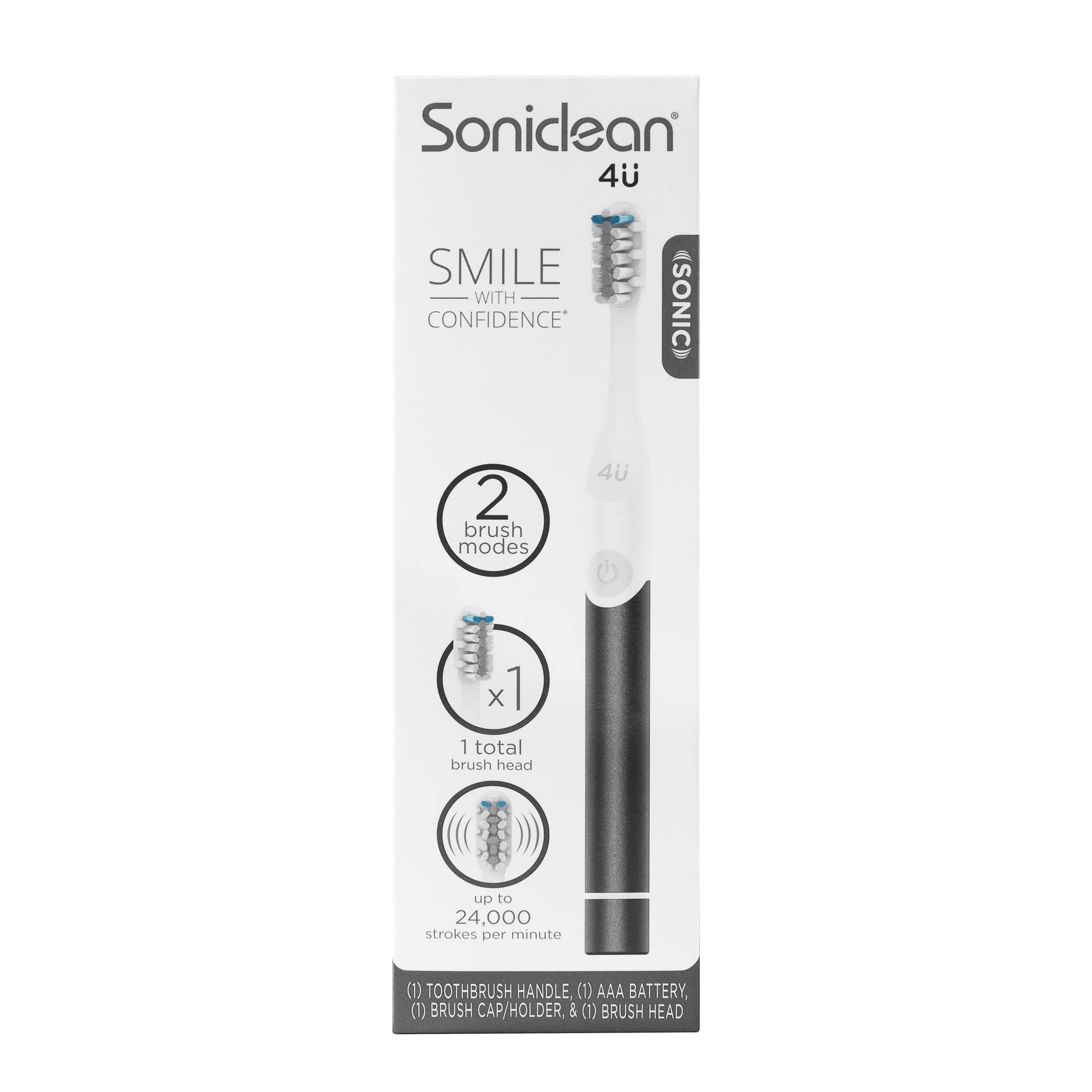 Soniclean 4U Sonic Electric Toothbrush for Adults, Black, Battery Powered, Dual Cleaning Modes, Refillable Brush Heads, Multi-Use Travel Cover