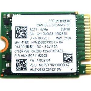 Solid State Drive KFV6T 0KFV6T CN-0KFV6T Compatible Replacement Spare Part for Dell SK Hynix BC711 HFM256GD3GX013N 256GB M.2 2230 NVMe PCIe Gen3 x4 SSD