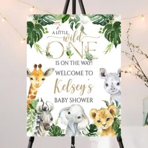 personalized a little wild one baby shower welcome sign, woodland jungle baby shower poster, greenery woodland animals baby shower decoration