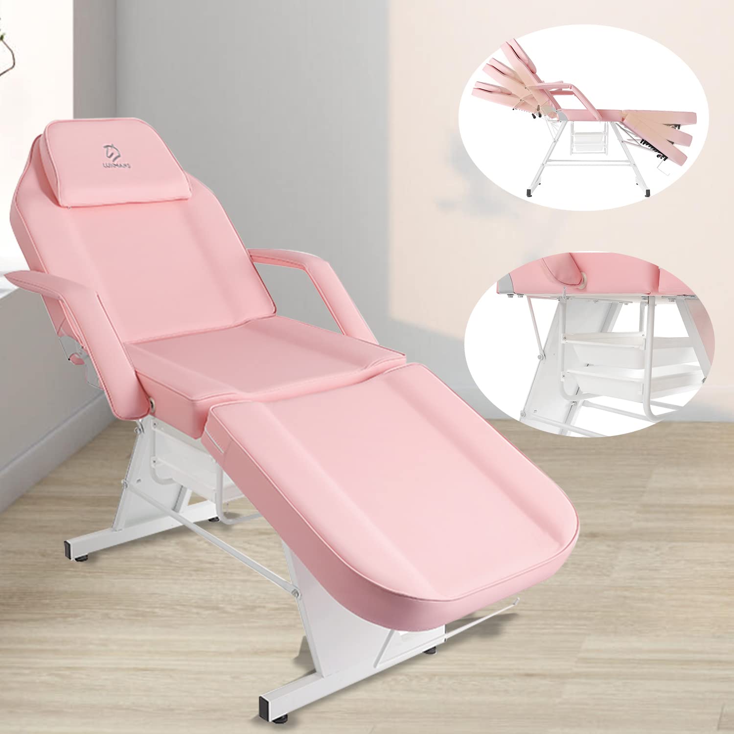 LUXMARS Facial Chair, Tattoo Chair Massage Bed with Hydraulic Stool for Professional Massage Facial Lash Beauty Treatment Spa, Pink