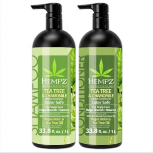 hempz hair shampoo & conditioner set - tea tree & chamomile for dry, damaged and color treated hair, hydrating, softening, moisturizing with vegan biotin for scalp care duo set - 33.8 fl oz