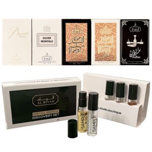 maison d'orient alriyad, unisex spray parfum travel size sampler. featuring barratt rouge mini, a 5 scent perfume discovery gift set for men, women and couples.