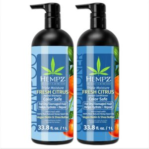 hempz hair shampoo & conditioner set - grapefruit & peach scent for dry, damaged and color treated hair, hydrating, softening, moisturizing with biotin duo set 33.8 fl oz