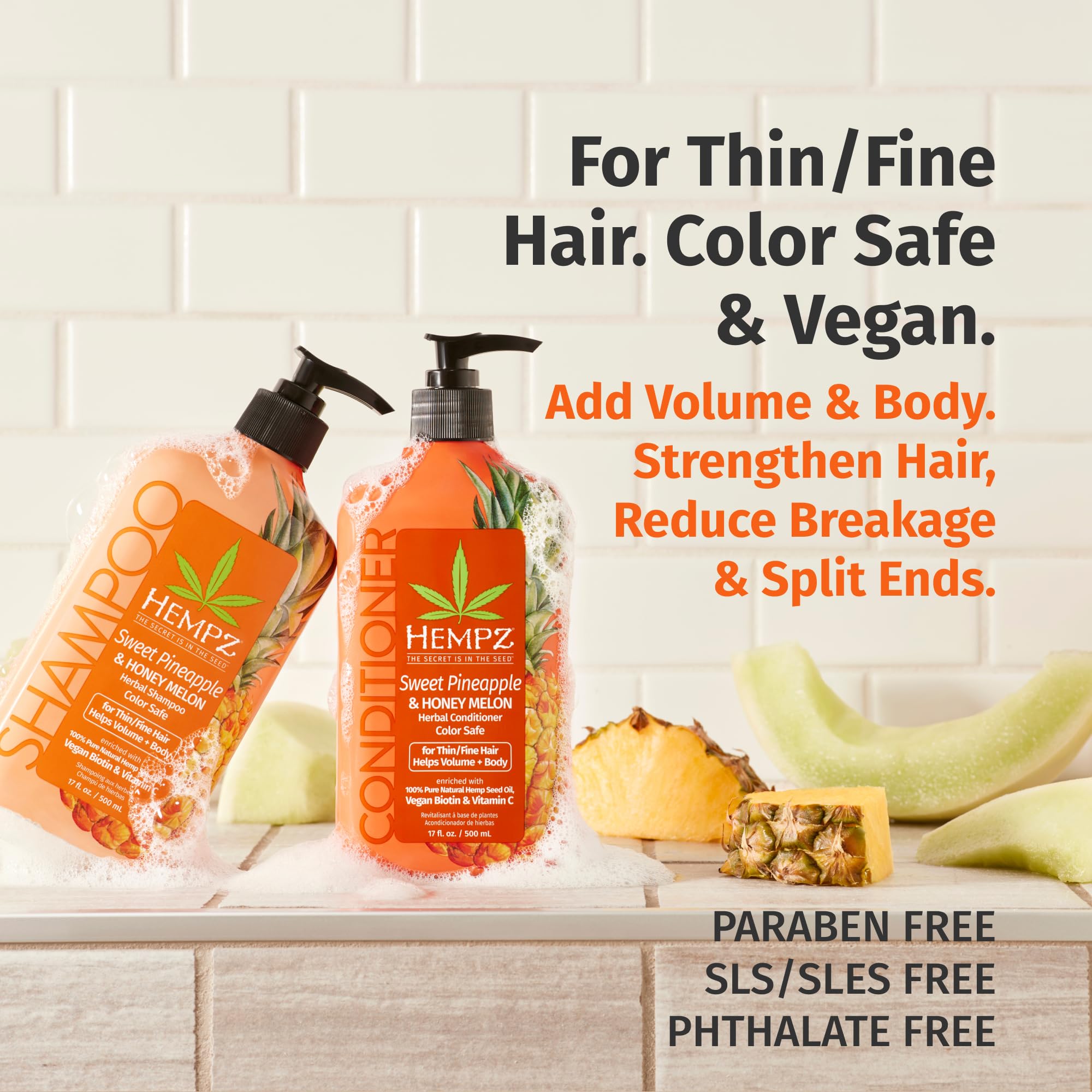 HEMPZ Hair Shampoo & Conditioner Set - Sweet Pineapple & Honey Melon Scent for Thin/Fine Dry, Damaged and Color Treated Hair, Hydrating, Softening, Moisturizing with Biotin Duo Set - 33.8 fl oz