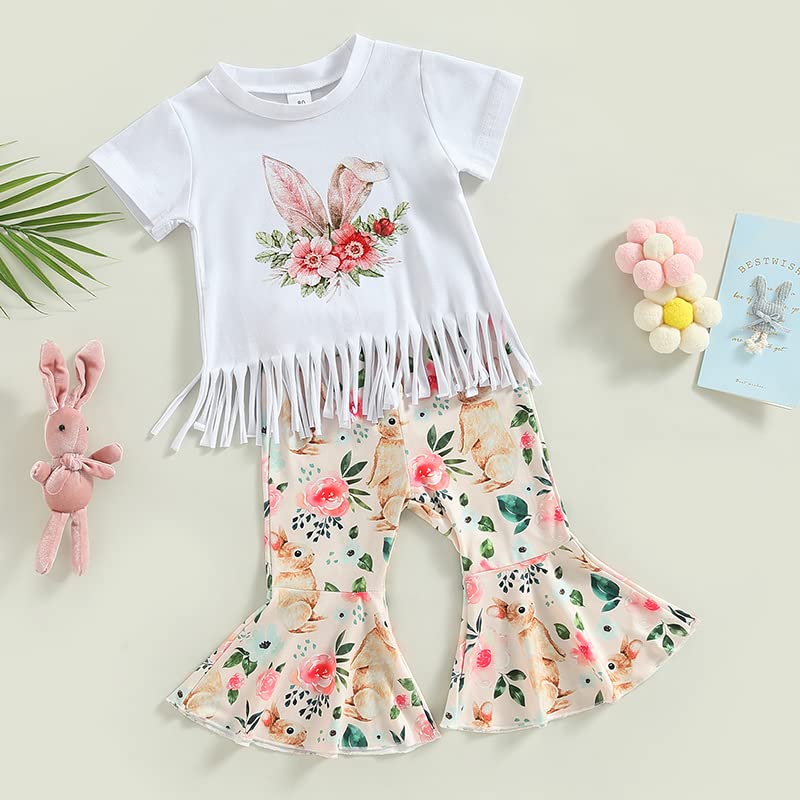 Toddler Baby Girl Easter Outfit Bunny Rabbit Short Sleeve T-Shirt Tops Bell-Bottom Flared Pants Sets Clothes (Bunny Tassels Pant Set,18-24 Months)