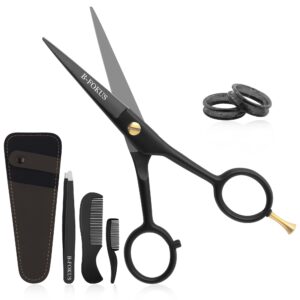 5" professional hair scissors for mustache & beard, german stainless steel all-purpose hair cutting scissors for men’s grooming, includes pouch, tweezers, beard comb, and mustache comb