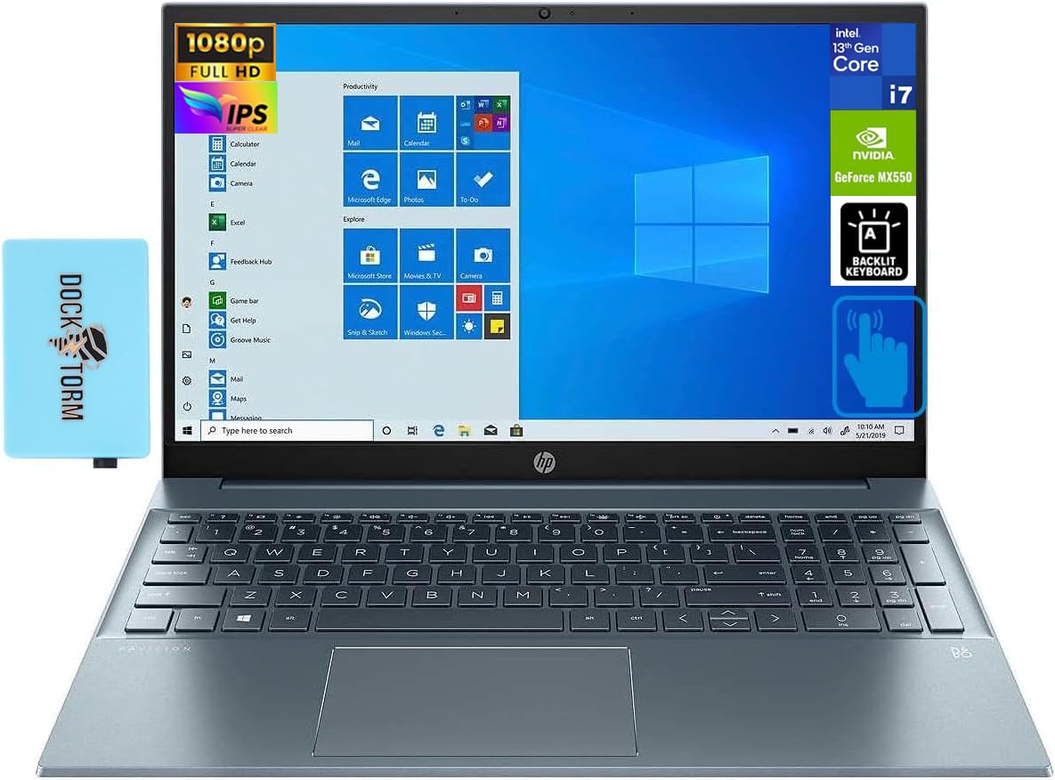 HP Pavilion Laptop 15.6" Touchscreen IPS FHD (Intel i7-1355U, MX550 2GB, 32GB RAM, 1TB PCIe SSD, Backlit KYB, WiFi 6, Bluetooth 5.2, HD Webcam, Win 11 Pro) w/DKZ Hub USB Port Expander