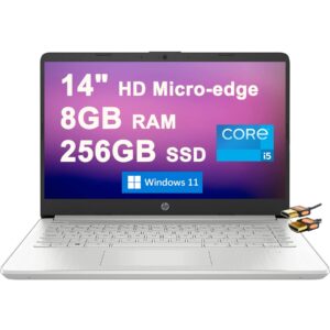 hp laptop 14 business computer 14" hd micro-edge brightview 11th generation intel quad-core i5-1135g7 (beats i7-1065g7) 8gb ram 256gb ssd iris xe graphic usb-c win11 silver + hdmi cable