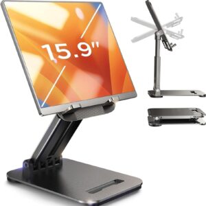 lisen tablet stand for ipad stand holder desk, foldable ipad pro holder portable monitor stand travel accessories, office desk accessories for kitchen 2024 ipad mini 7 kindle iphone 4-15.9" black