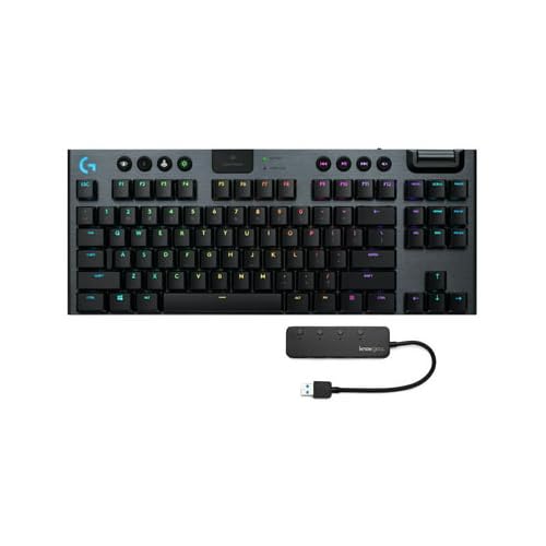 Logitech G915 TKL Tenkeyless Lightspeed Wireless RGB Mechanical Gaming Keyboard (Carbon, Tactile) Bundle with 4-Port USB 3.0 Hub (2 Items)