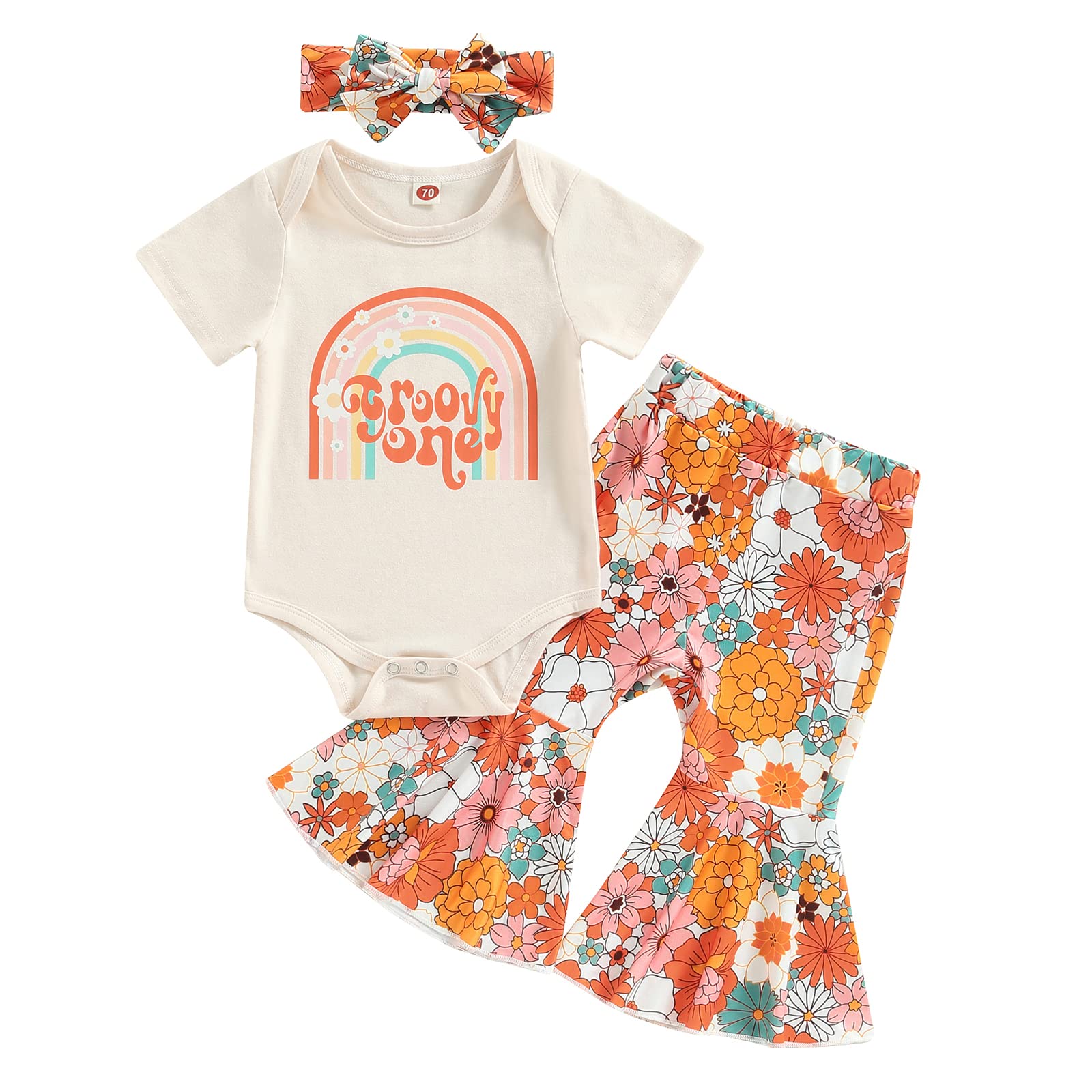 Lamuusaa Toddler Baby Girl Birthday Outfit Groovy One/Two Groovy Romper Shirts Flower Bell Bottoms Headband Boho Clothes