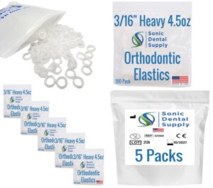 3/16 inch orthodontic elastic rubber bands - 500 pack - clear latex free, heavy 4.5 ounce small rubberbands, braces, dreadlocks hair braids, tooth gap, packaging, crafts - sonic dental - made in usa