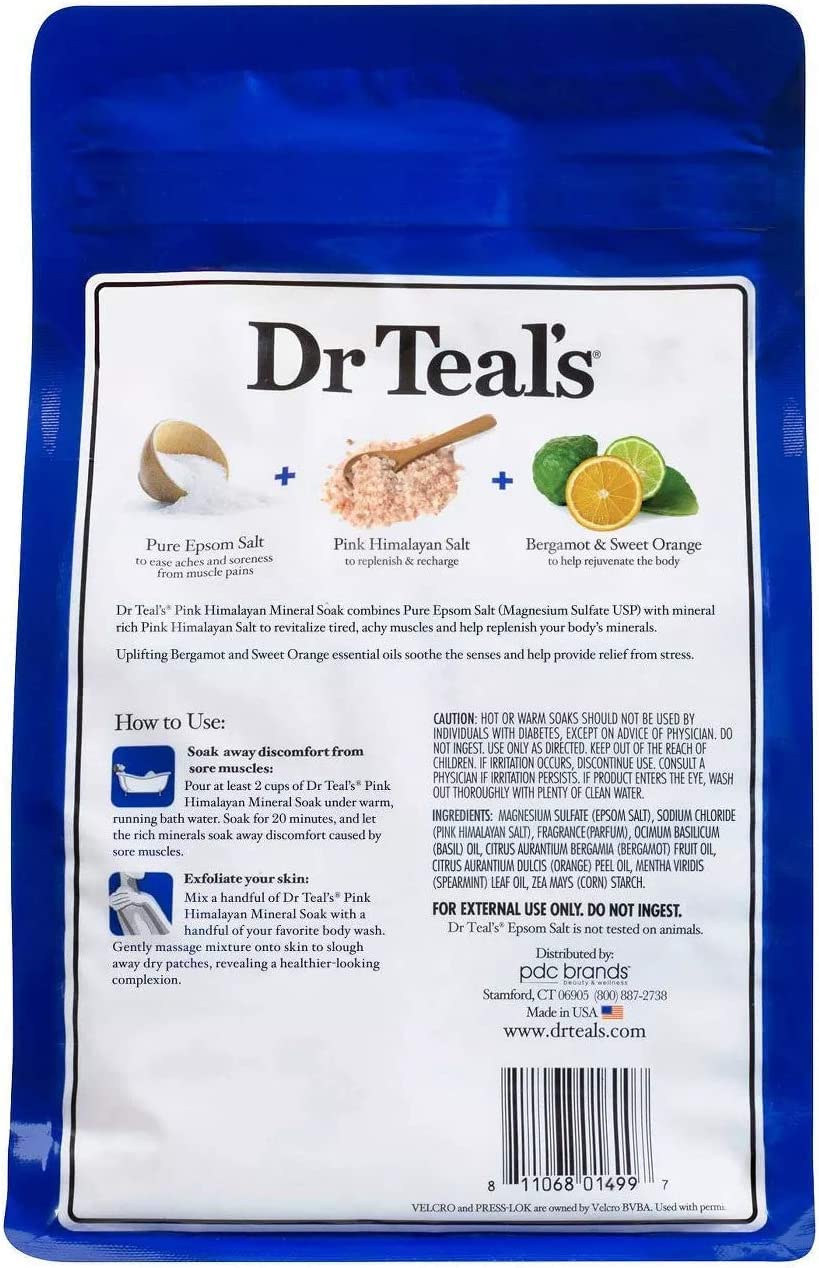 Dr. Teals Pink Himalayan Pure Epsom Salt Soaking Solution (2 Bag, 6lbs Total) - Restore & Replenish with Bergamot & Sweet Orange Essential Oils - Relieves Daily Stress and Soothes The Mind & Senses