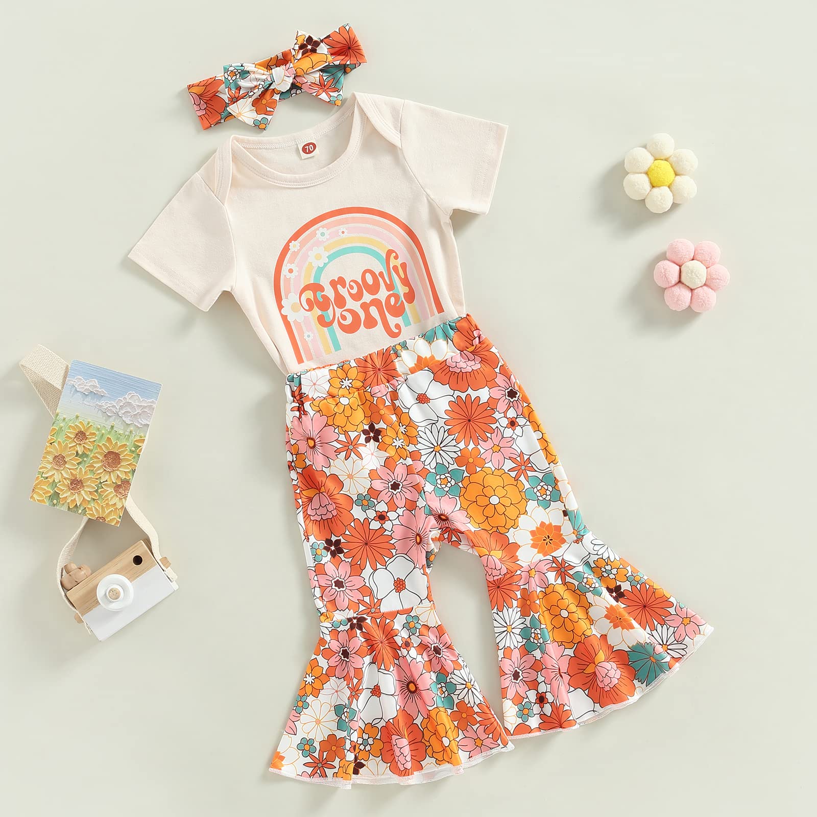 Lamuusaa Toddler Baby Girl Birthday Outfit Groovy One/Two Groovy Romper Shirts Flower Bell Bottoms Headband Boho Clothes