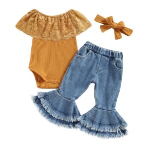 liomengzi newborn baby girl flare outfits clothes summer jumpsuit set, short sleeve patchwork romper flare pants bow headband