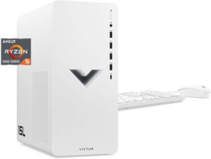 hp victus 15l gaming desktop pc 2022 newest, amd ryzen 5 5600g processor, 8gb ram, 512gb ssd, amd rx6400 graphics, wi-fi, bluetooth, ceramic white, windows 11 home, bundle with cefesfy