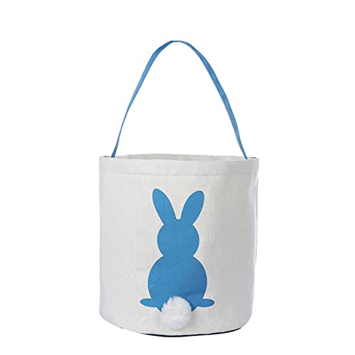 Easter Bunny Basket Bags for Kids, Canvas Cotton Rabbit Easter Egg Hunt Basket for Carrying Gifts, Fluffy Tails Printed Rabbit Canvas Toys Bucket Tote