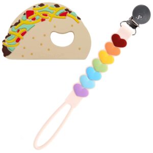 loulou lollipop silicone teether and holder clip bundle set - taco/sweetheart rainbow…