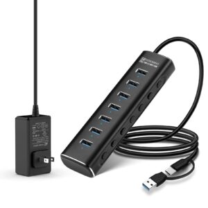 powered usb hub, rosonway 7 ports usb 3.1/3.2 gen 2 hub 10gbps with 3.3ft usb-a/usb-c data cable, individual switches and 24w power adapter, aluminum usb c hub for laptop and pc, rsh-a107