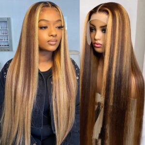 highlight ombre lace front wig human hair 13x4 hd transparent 4/27 honey blonde lace frontal wigs pre plucked with baby hair 180% density straight lace front wigs human hair colored 22 inch