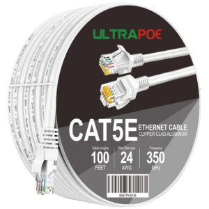 ultrapoe cat5e outdoor ethernet cable 100ft cat 5e network cable, rj45 cat5 ethernet cable cord white, 350mhz / gigabit network utp lan cable