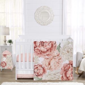 sweet jojo designs blush pink boho shabby chic floral girl baby crib bedding set for infant nursery – blanket fitted sheet skirt diaper stacker – 4 pieces off white bohemian watercolor flower elegant