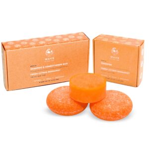 fresh citrus bergamot shampoo and conditioner bar set with one extra shampoo bar - 100% vegan bar shampoo and conditioner for hair of all types - natural shampoo and conditioner in bars. usa handmade